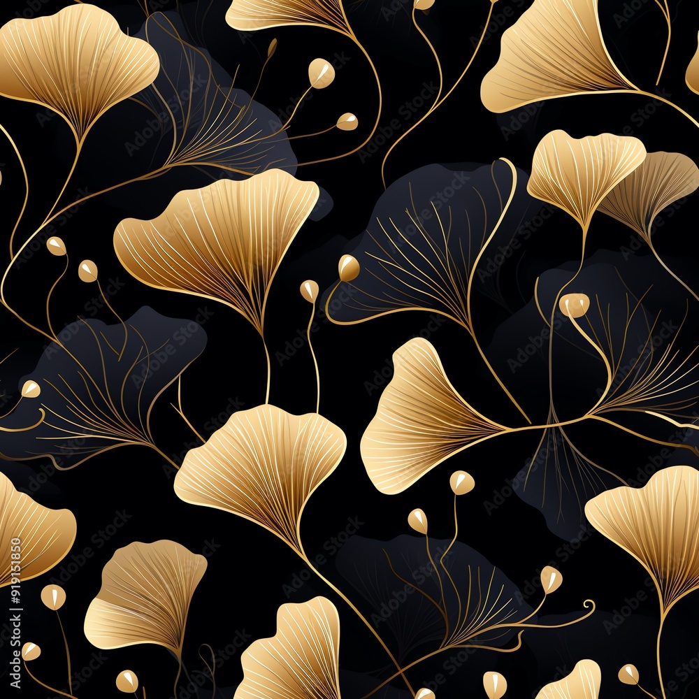 Golden Gingko Leaves on a dark background, Gingko Background, Floral ...