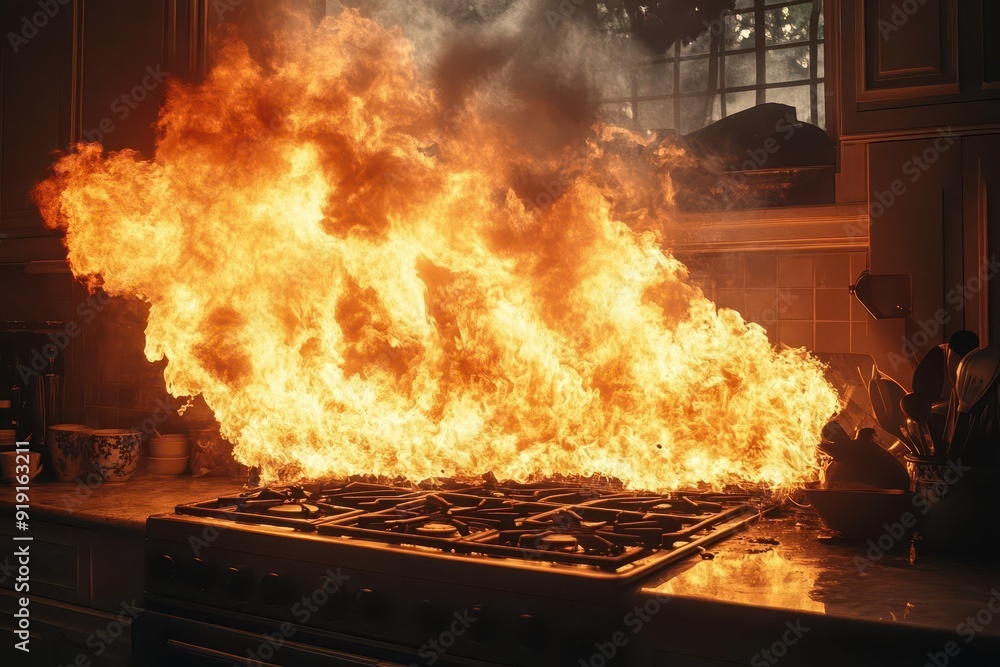 dramatic kitchen fire scene with flames engulfing stovetop ...
