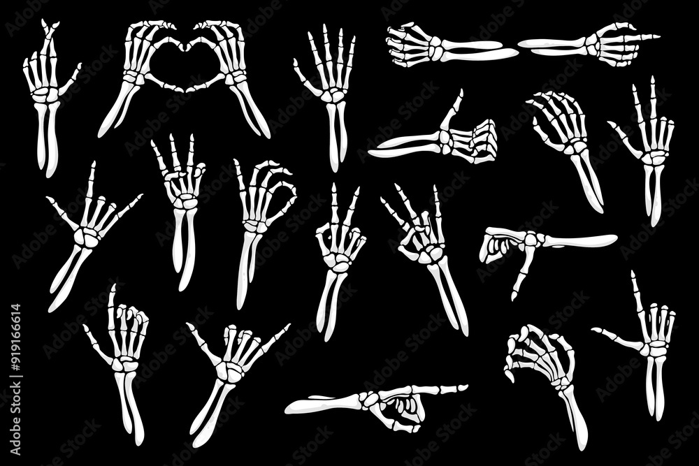 Skeleton hand gesture icons, finger bones with peace sign and love ...