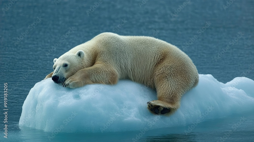 Polar bear stranded on a shrinking ice floe, highlighting the impact of ...