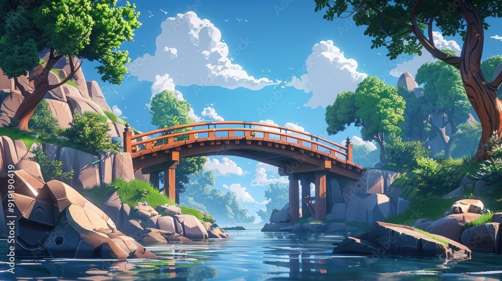 2d video game background .game level is a bridge and nature around ...