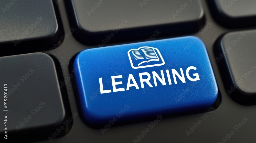 Blue keyboard button with Learning and book icon symbolizes education ...
