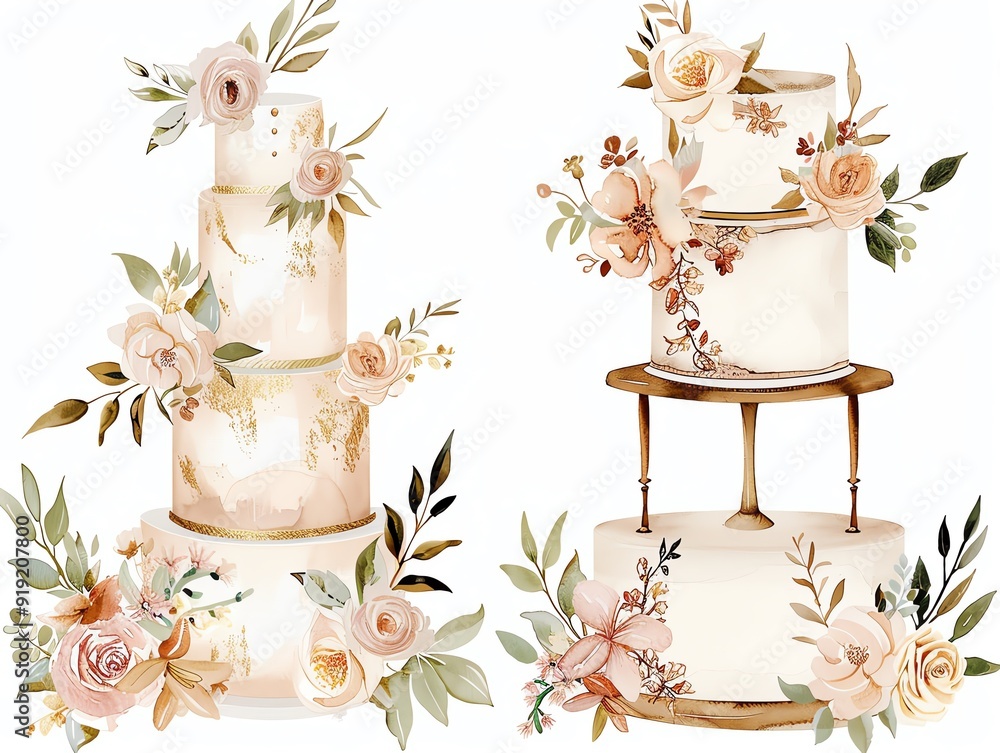 Watercolor wedding cake clipart three-tiered cake with floral ...