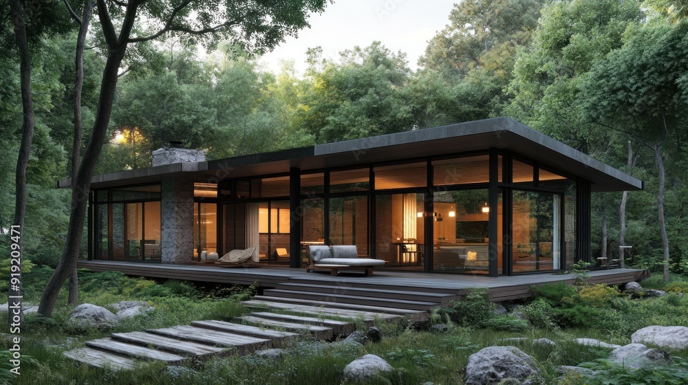 Modern single-story glass house nestled in a lush forest, featuring ...