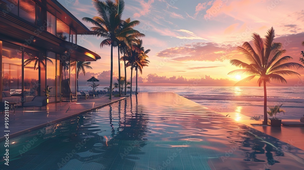 Fantastic poolside, sunset sky, palm trees reflection. Luxury tropical beach landscape, infinity ...