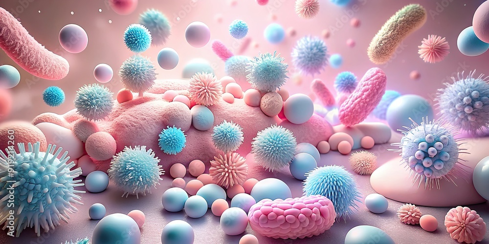 Closeup of 3d microscopic microscopic cute cartoon pastel bacteria ...