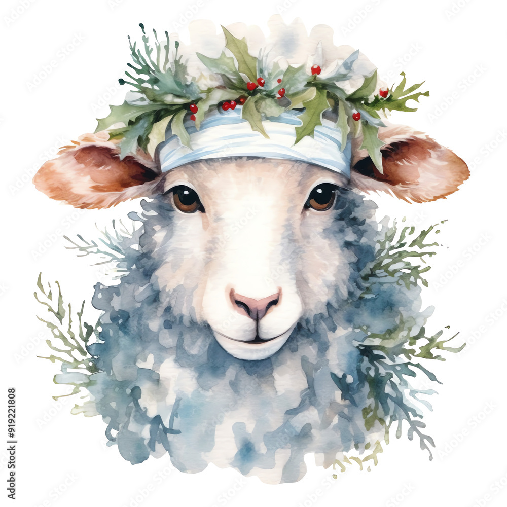Watercolor sheep wearing a red Santa Clause hat, isolated on a ...