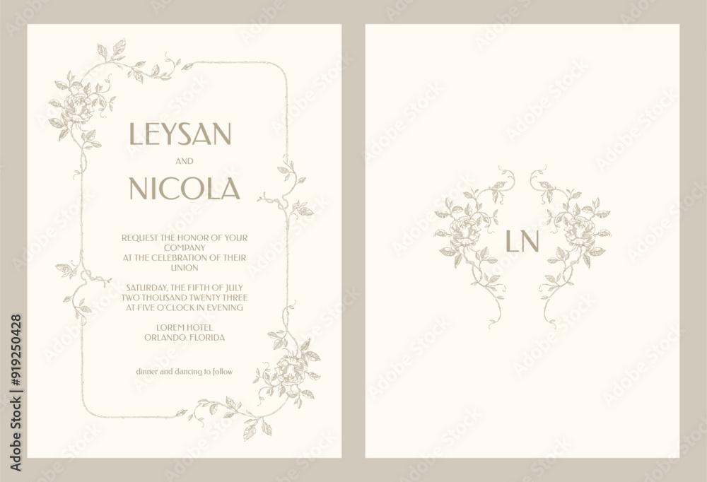 Wedding invitation card template. Roses frame and monogram frame. Stock ...