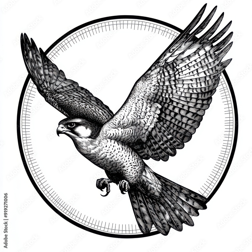 Black and white Vintage engraved art of a peregrine falcon in a ...