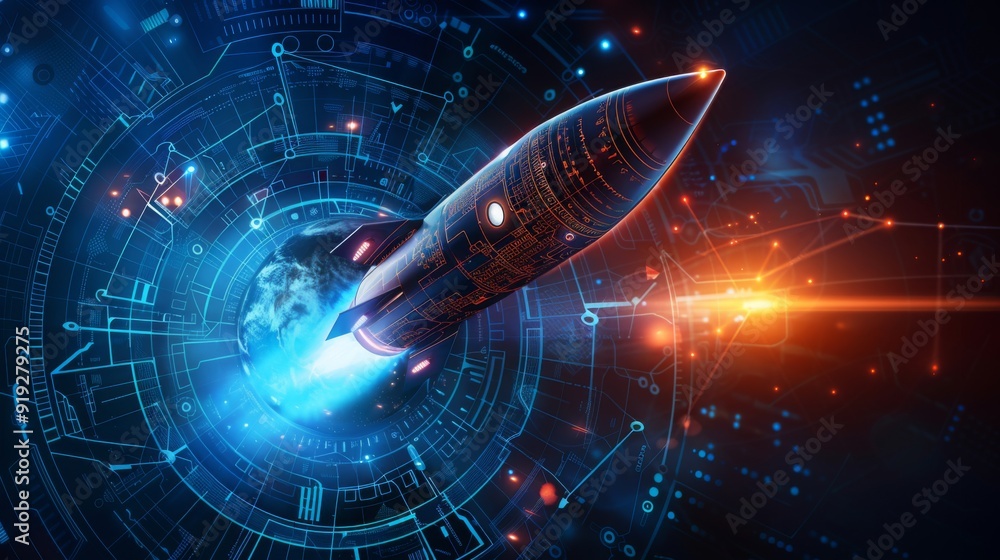 Concept of aerospace engineering with digital rocket designs and ...