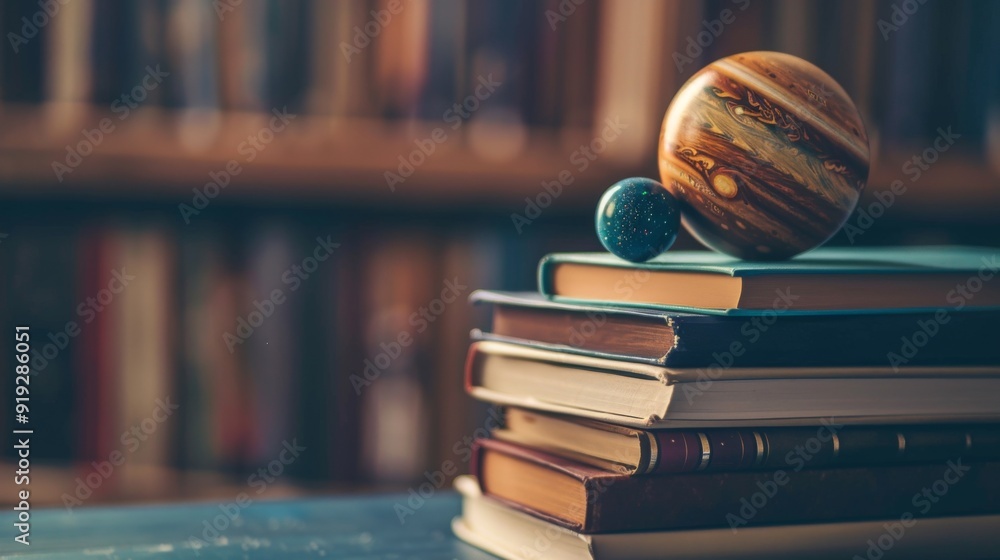 Foto de Stock Stack of science textbooks with a model of the solar ...