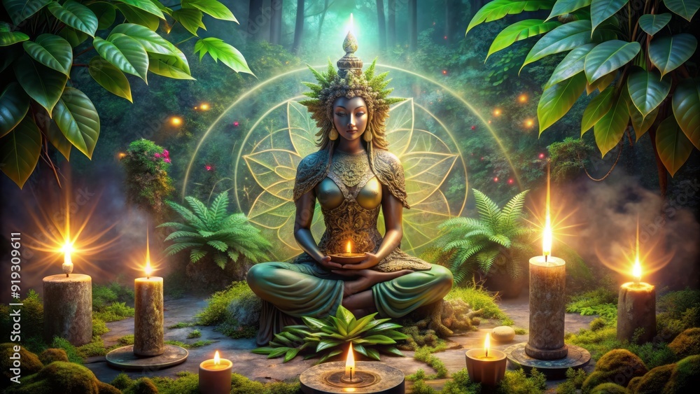Mystical goddess shaman figurine surrounded by lush foliage, candles ...