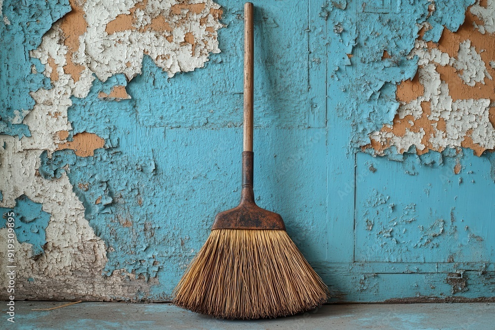 weathered bristle broom leaning against peeling paint in a forgotten ...