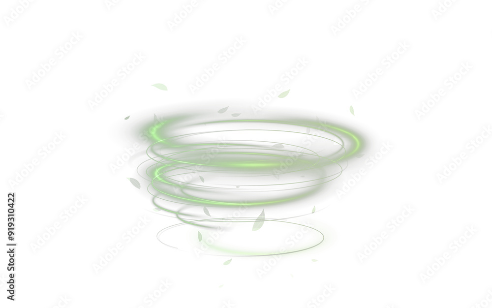 Fresh wind swirls with green leaves and glitter and neon green lines ...