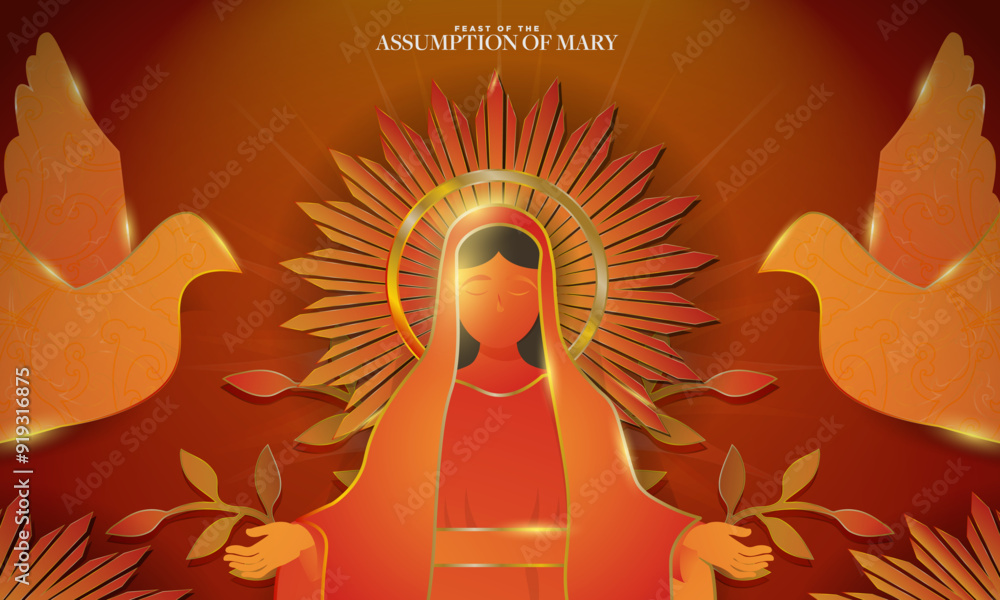 Golden Feast of the Assumption of Mary Greeting Banner in metallic ...