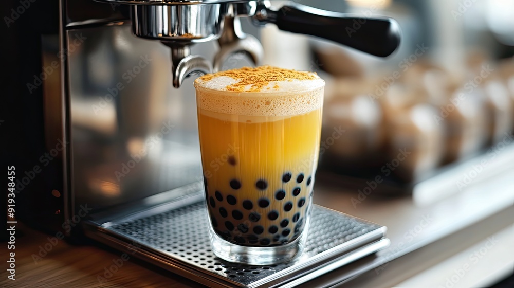 High-res image of a vibrant black and yellow boba tea, elegantly placed ...