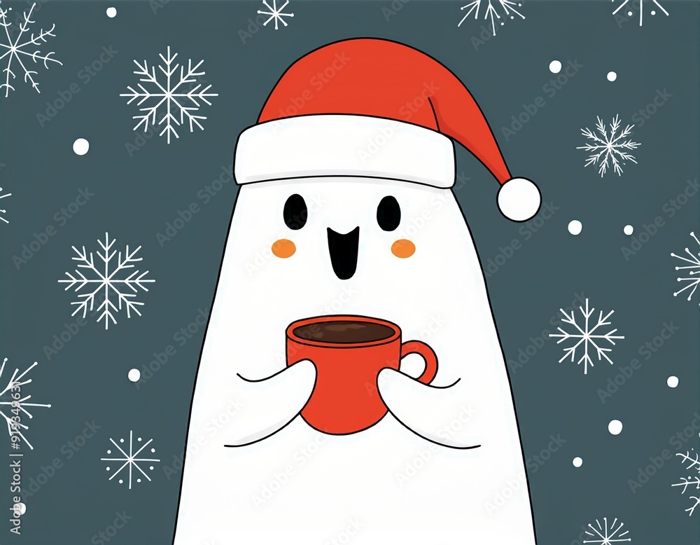 Christmas ghost drinking coffee illustration. Sheet ghost wearing a ...