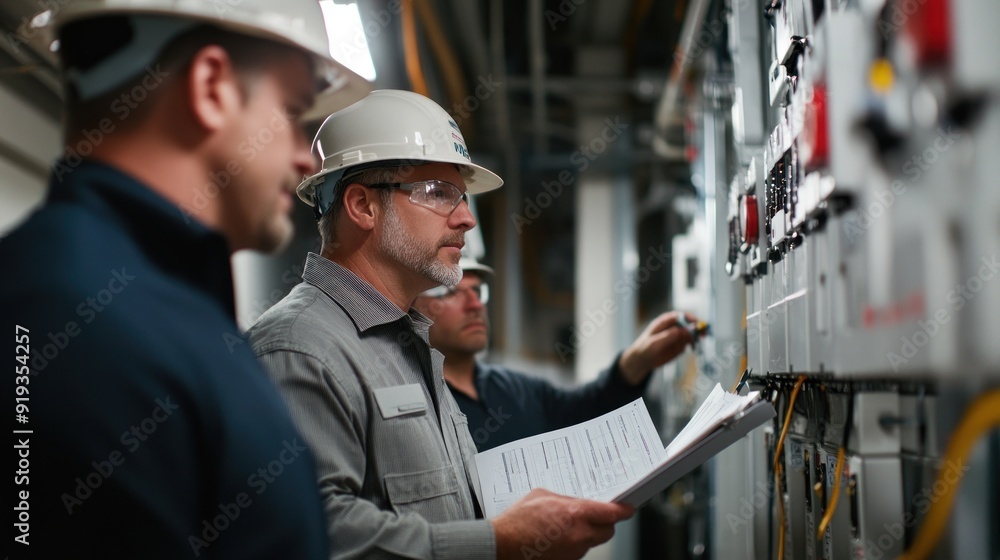 Generate a photo realistic image of inspectors conducting an electrical ...