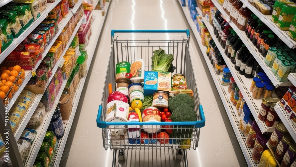 Grocery Run: A shopping cart overflowing with fresh produce and pantry ...
