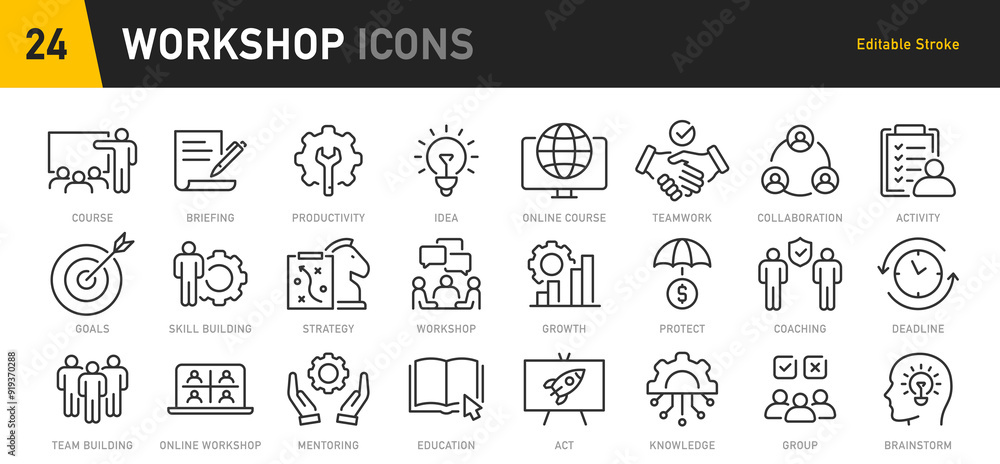 Workshop web icons in line style. Teamwork, training, business, partnership, goals, coaching ...