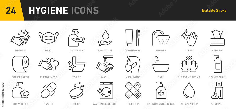 Hygiene web icon set in line style. Cleaning, washing hands, shower ...