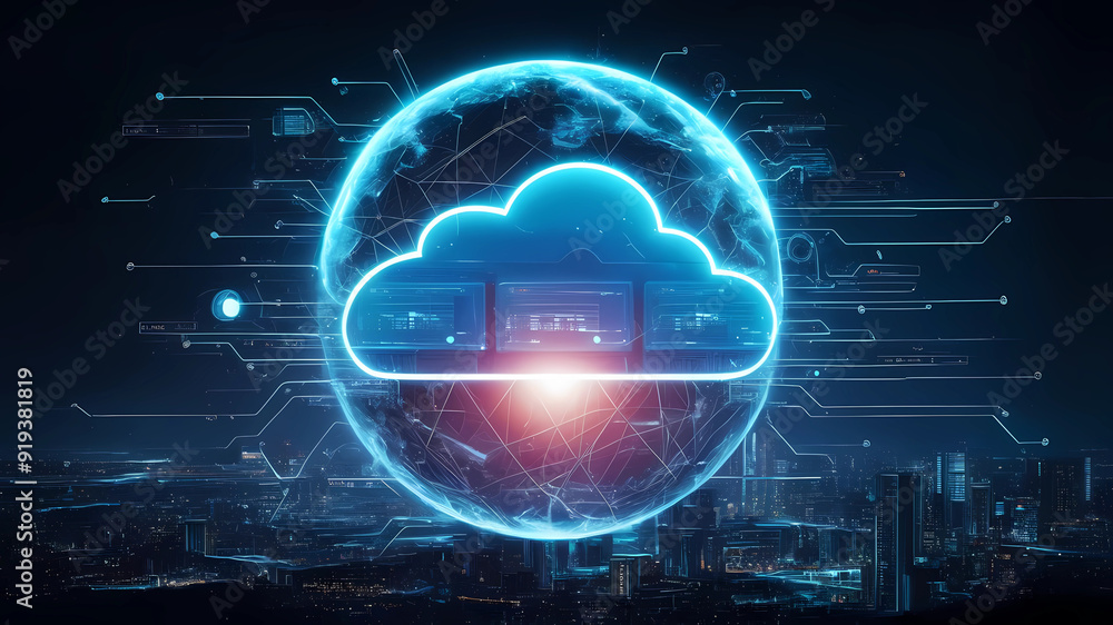 Generative AI image of cloud computing and digital data transfer with computing networked across ...