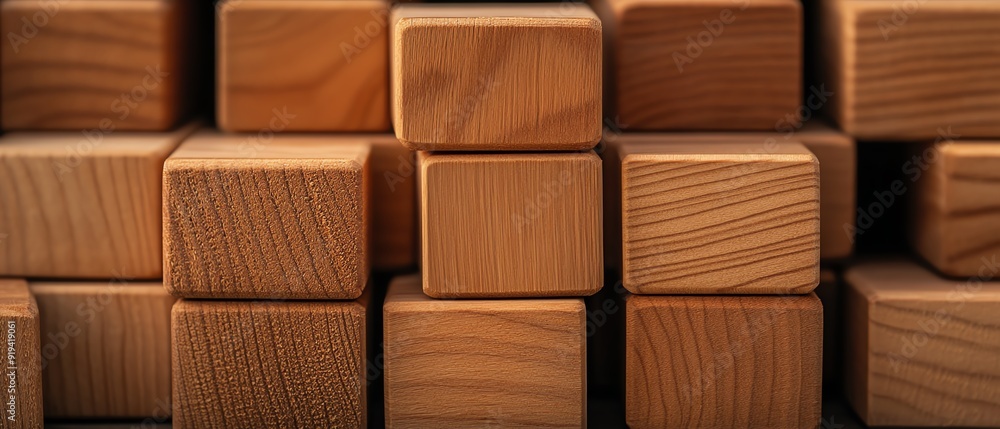 Detailed view of multiple wooden blocks forming a stable tower, with ...