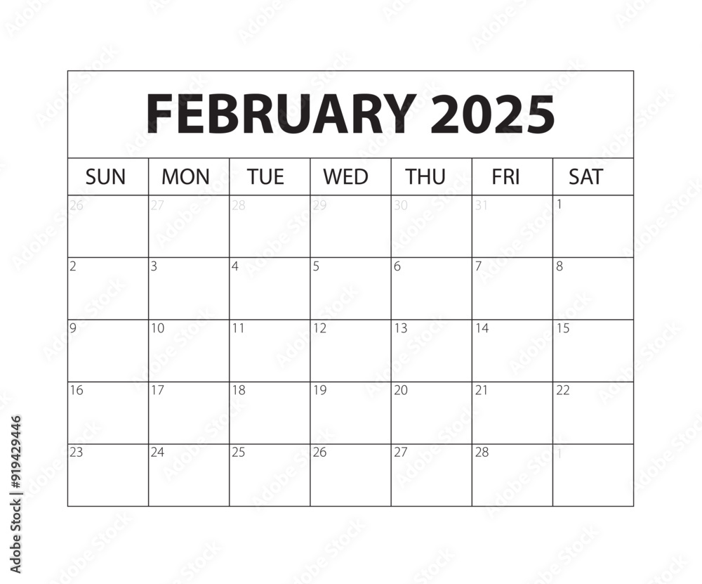 February 2025 Calendar. Vector calendar. Week starts sunday. Calendar ...