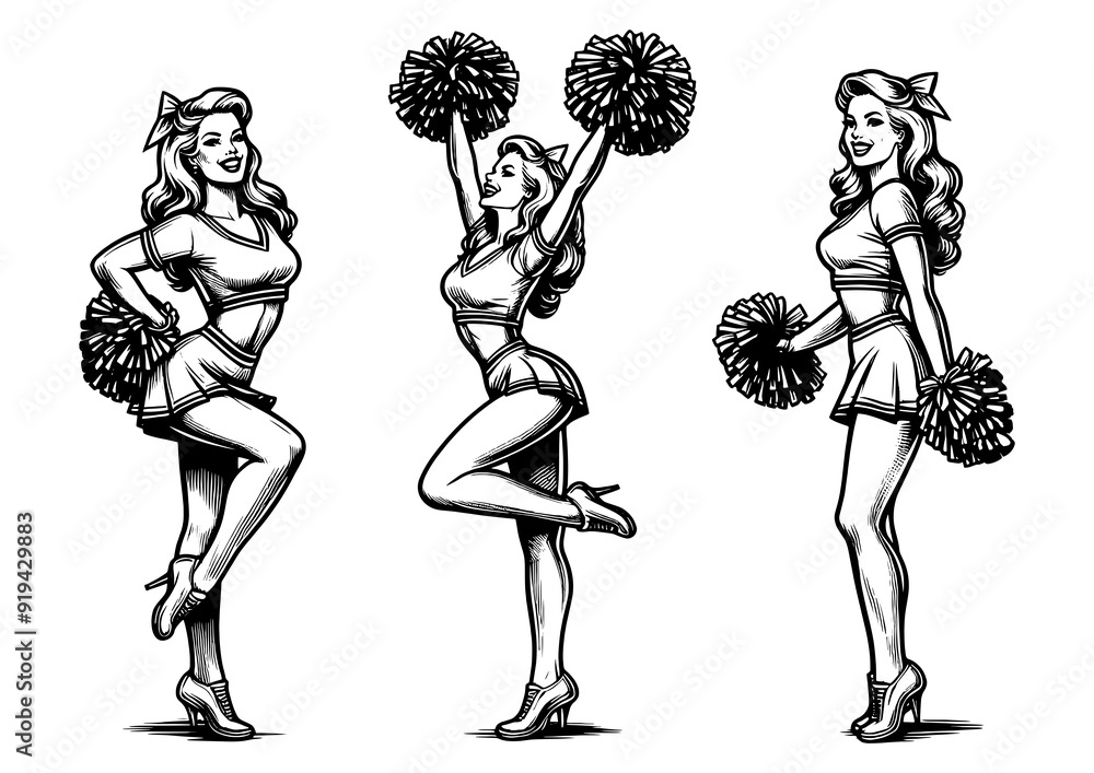 cheerleader in classic pin-up pose with pom-poms and a playful expression sketch engraving ...