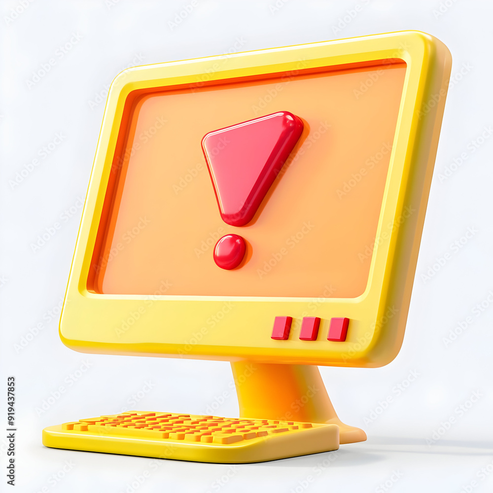 Colorful computer monitor with warning symbol, representing alertness and caution in digital ...
