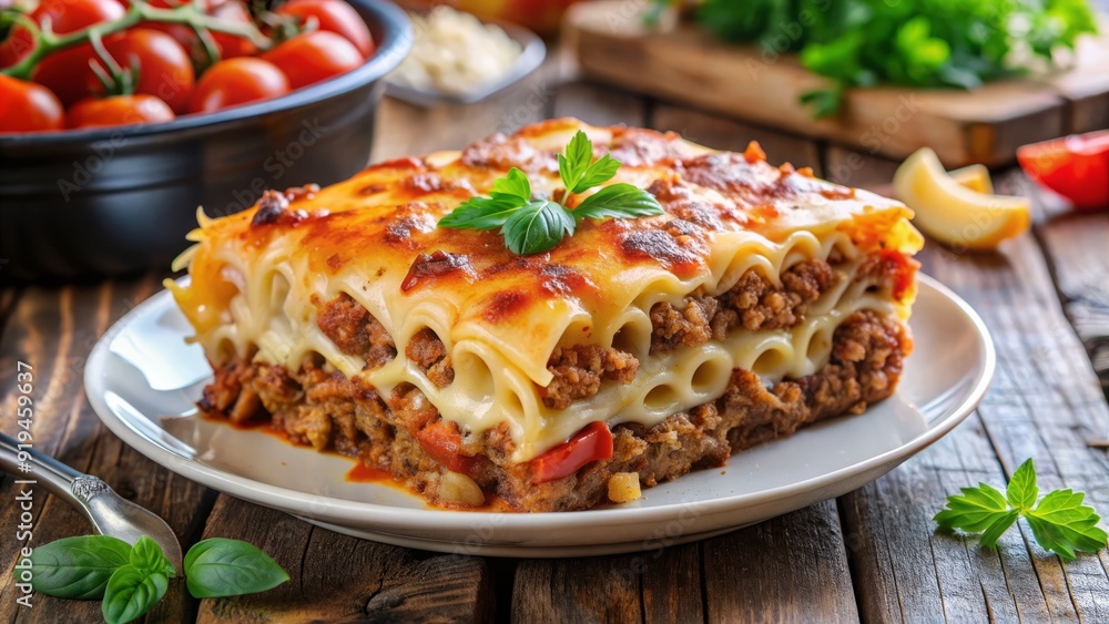 Hearty serving of traditional Greek pastitsio, featuring ground beef ...