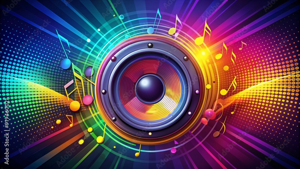 Illustrated loudspeaker icon in bold colors and geometric shapes ...