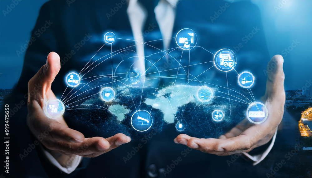 Concept of logistics and transportation. Businessman displaying an icon ...