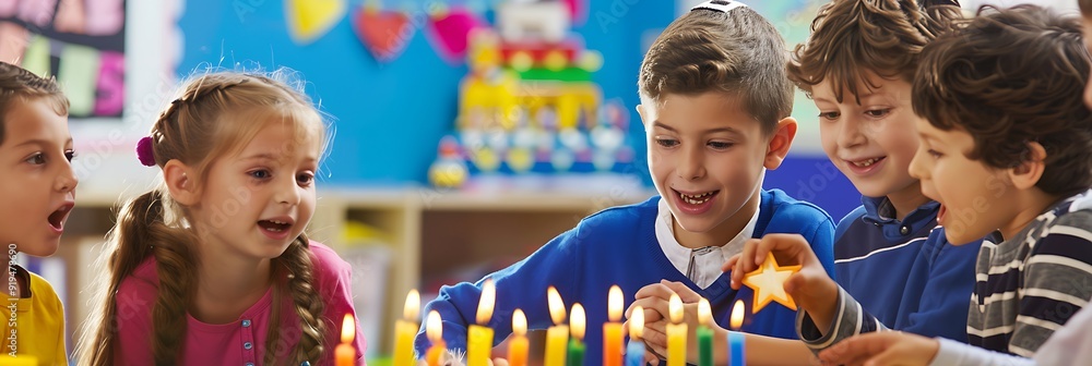 Group of children learning about Jewish traditions in a classroom with ...
