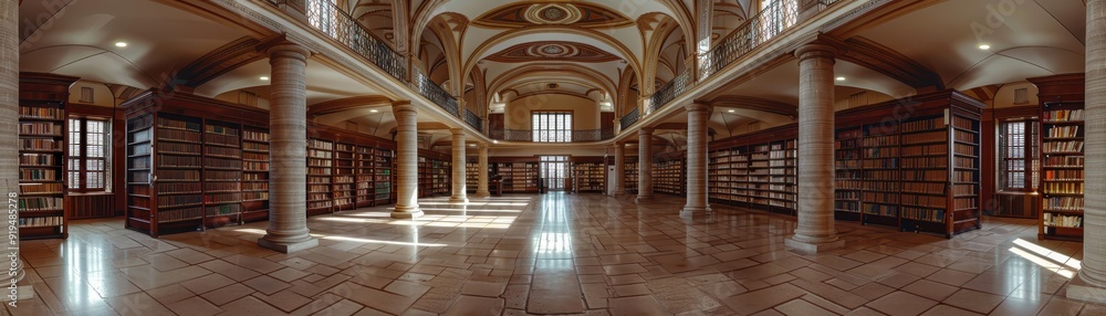 Panoramic view of a grand, ornate library with tall columns, arched ...