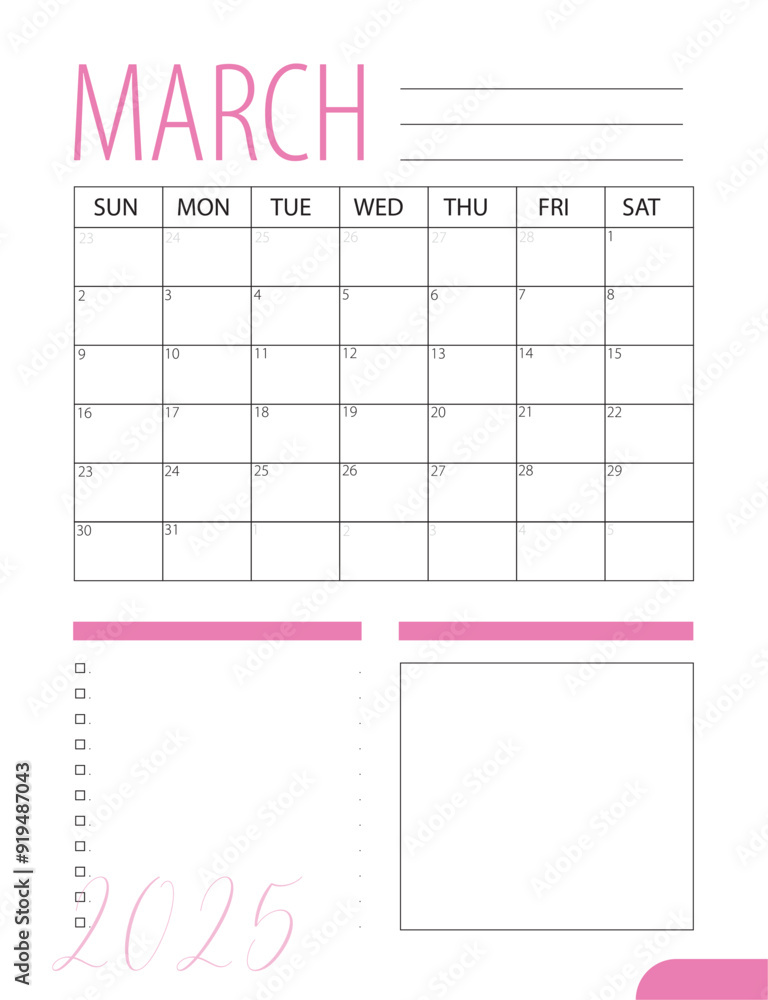 March 2025 Calendar. Vector calendar. Week starts sunday. Calendar ...