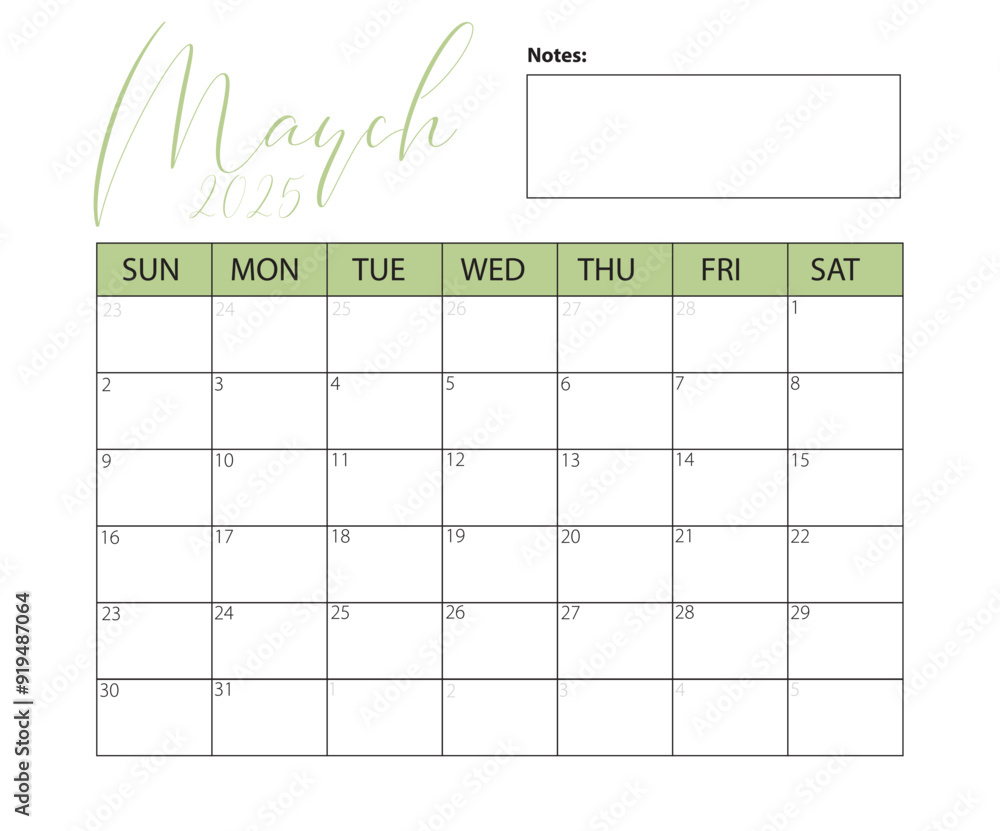 March 2025 Calendar. Vector calendar. Week starts sunday. Calendar ...
