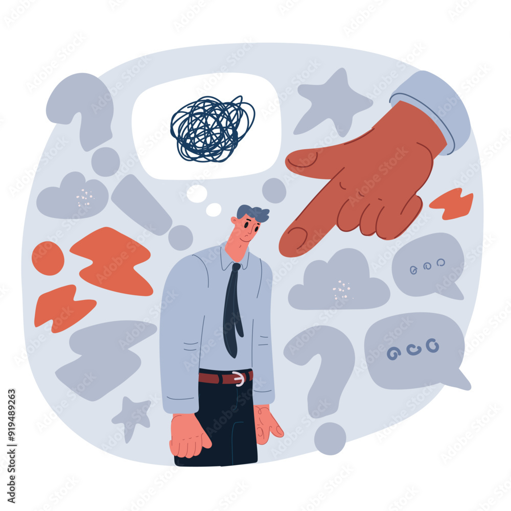 Cartoon vector illustration of hands finger pointing at young man ...