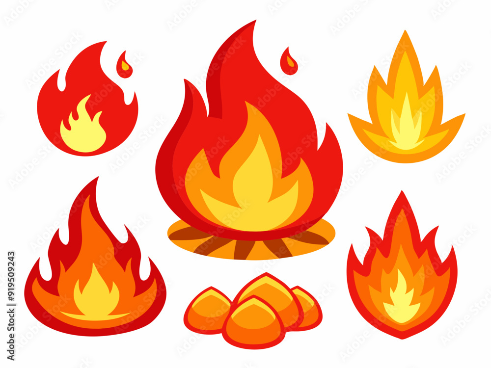 Cartoon fire. Flame of infernal fireballs, red and yellow campfire, hot ...