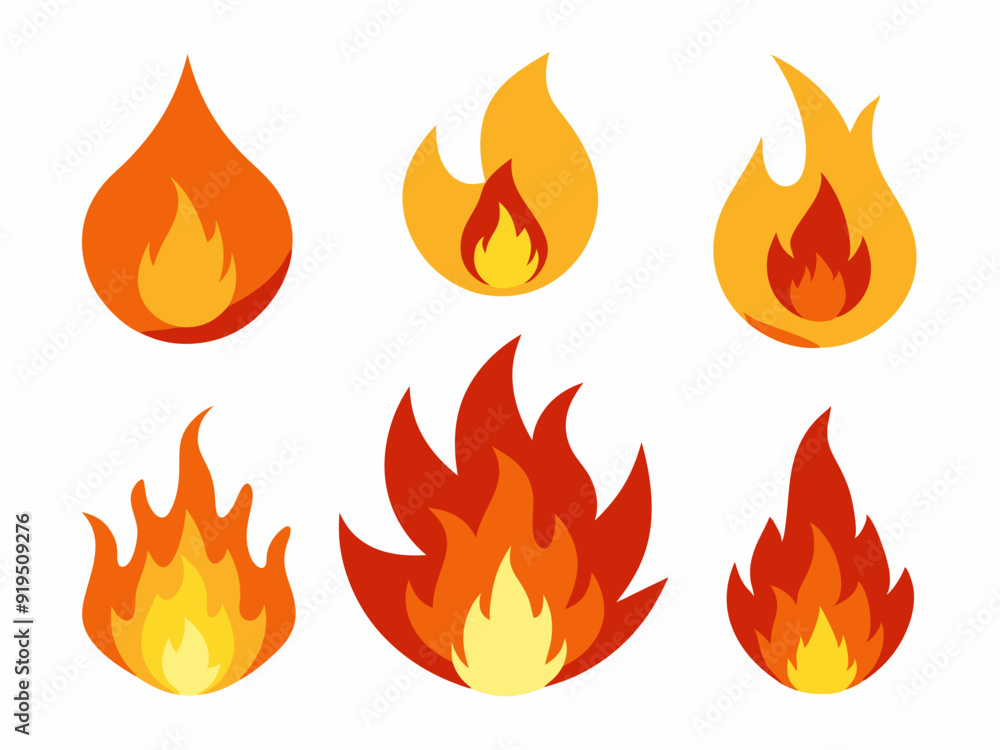 Cartoon fire. Flame of infernal fireballs, red and yellow campfire, hot wildfire and bonfire ...
