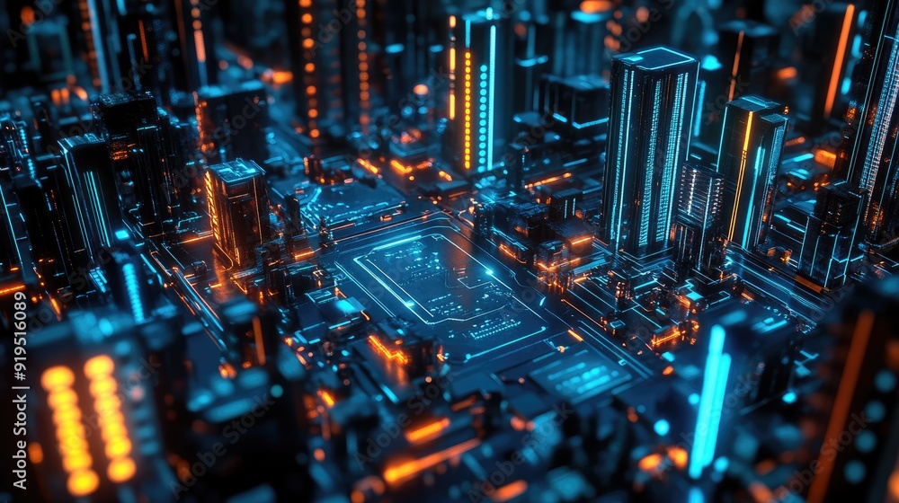 Ilustración de Stock Smart city digital world metaverse, 3D AI artificial intelligence robot ...