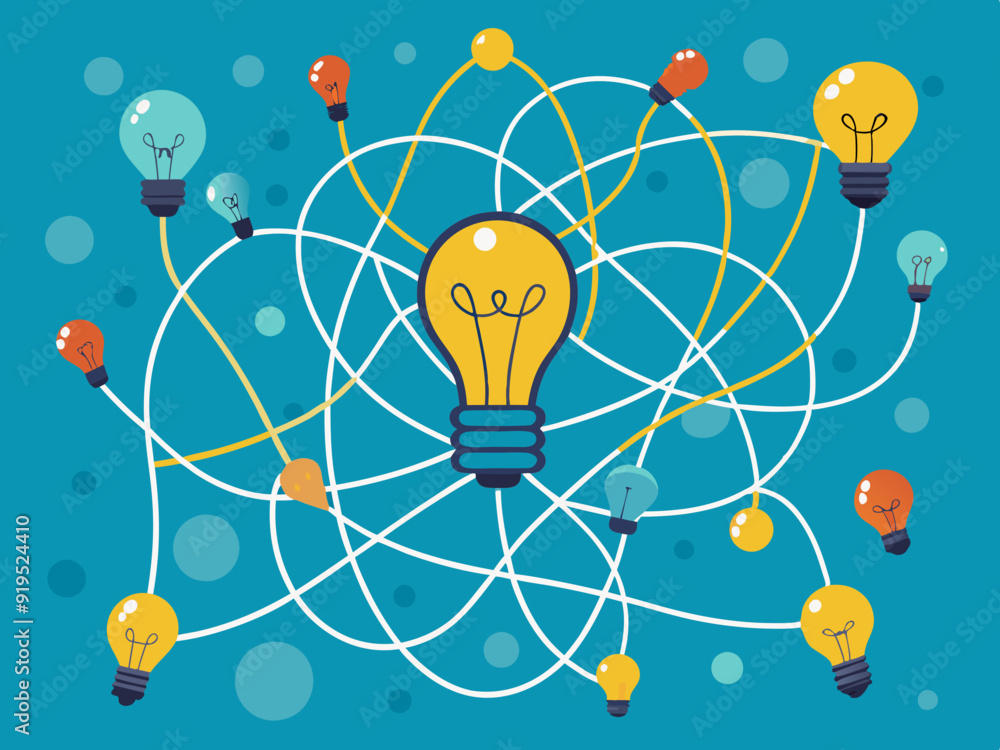 Simplify complex process. Tangled scribble wires with light bulbs from ...
