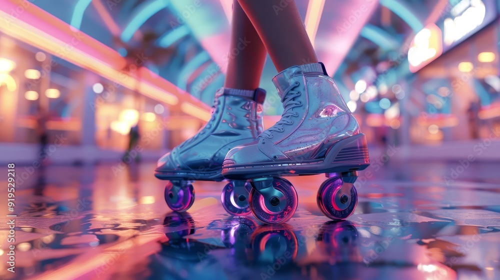Colorful neon-lit roller skating rink with a focus on shiny roller ...