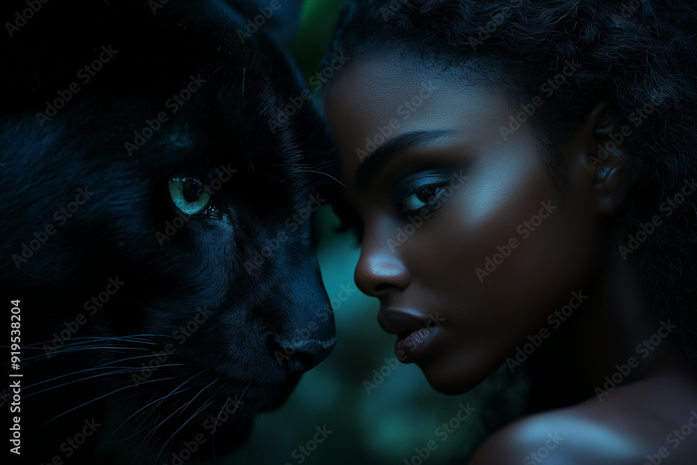 A young woman and a black panther stand face to face in the jungle ...