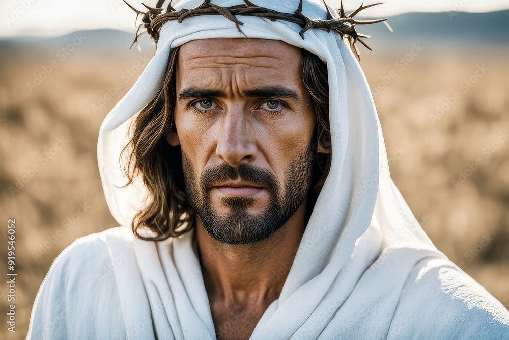 Jesus Christ with crown of thorns and white robe on field; Jesus of ...