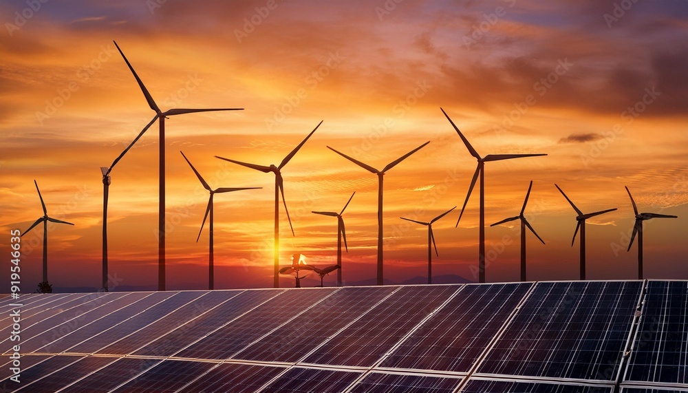 ethereal wind turbines and solar panels silhouetted against a vibrant ...
