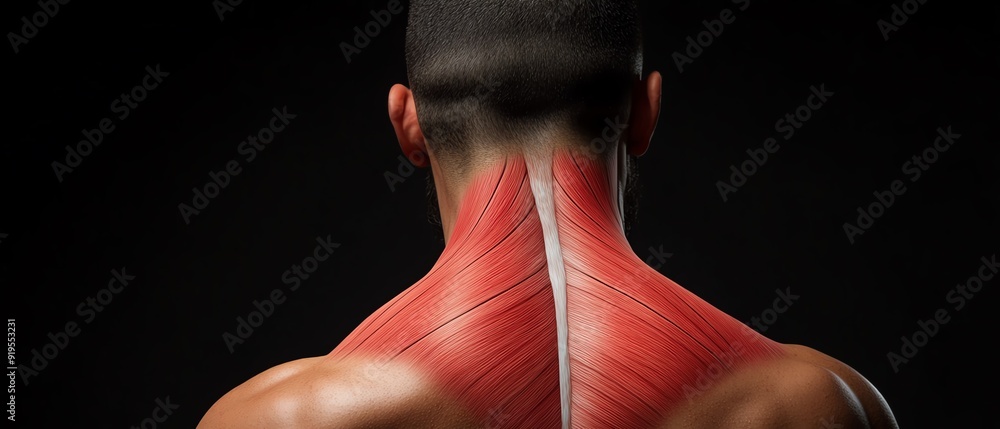 Detailed view of the skin on the back with the underlying trapezius ...