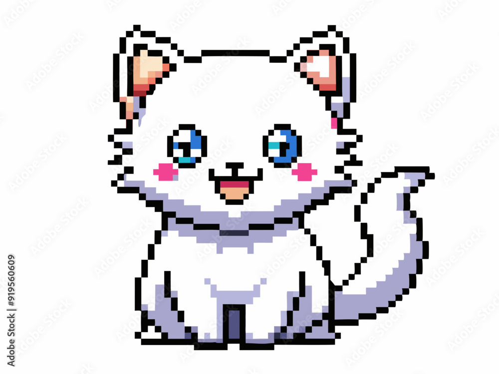 Cat pixel art. Kitten cute white kitty pet, 8 bit pixel style. Video ...