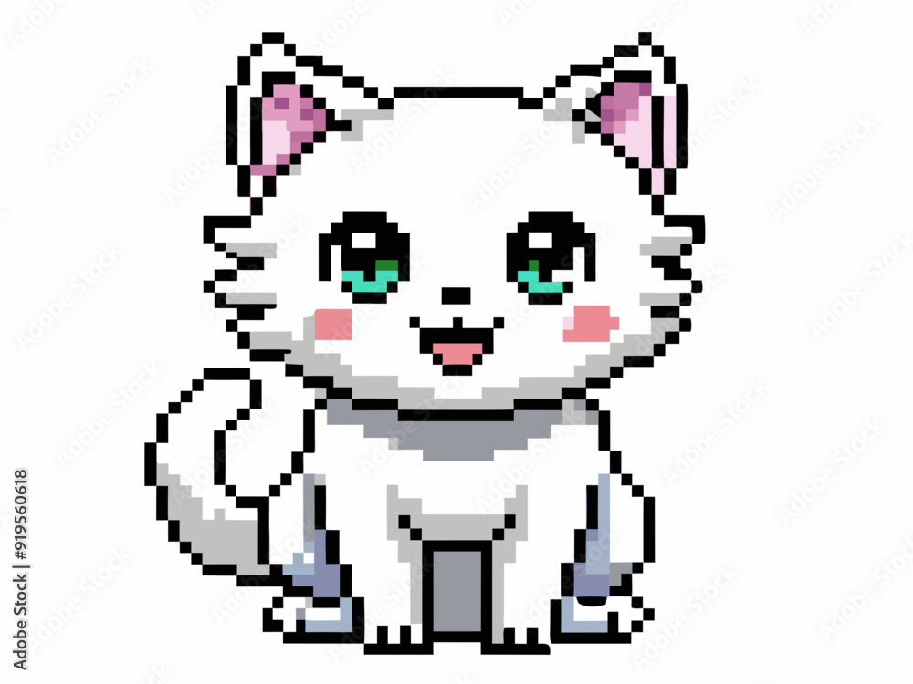 Cat pixel art. Kitten cute white kitty pet, 8 bit pixel style. Video ...
