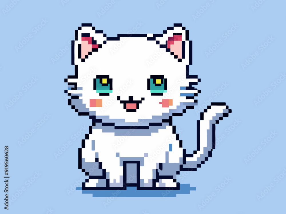Cat pixel art. Kitten cute white kitty pet, 8 bit pixel style. Video ...